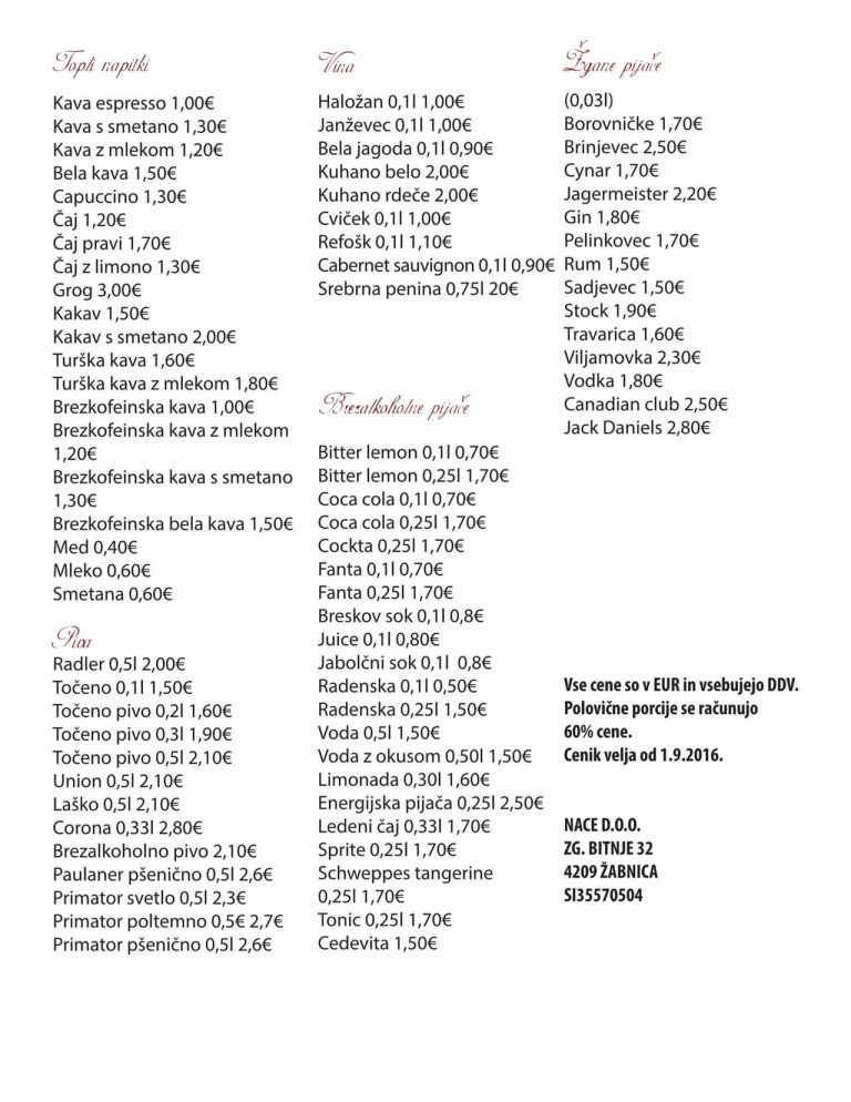 Jedilni list - Gostilna in picerija Strahinc